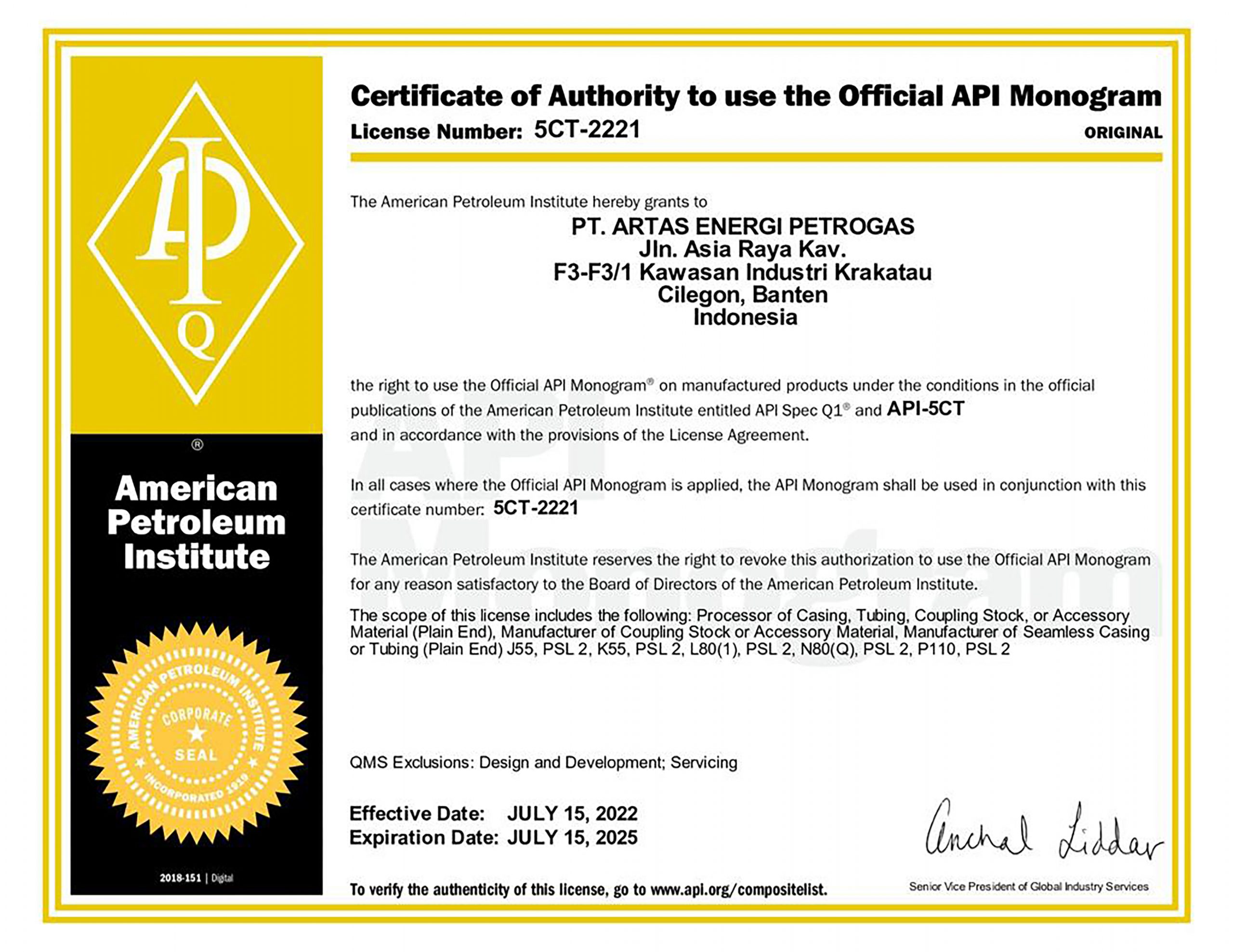 API 5CT Certificate Artas Indonesia Seamless Tube API 5CT Certificate Artas Indonesia Seamless Tube