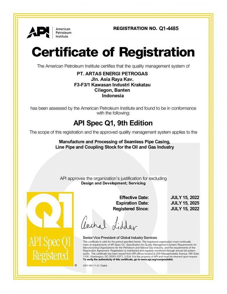 API Q1 Certificate – Artas – Indonesia Seamless Tube